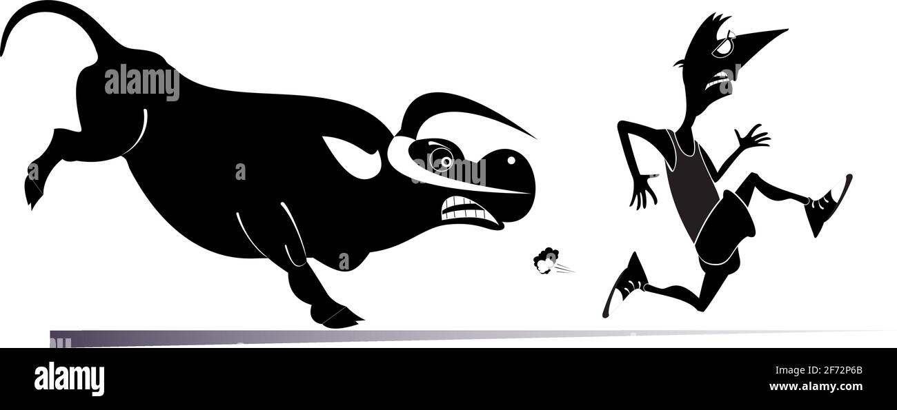 Cartoon running man and angry bull isolated illustration. Frightened ...
