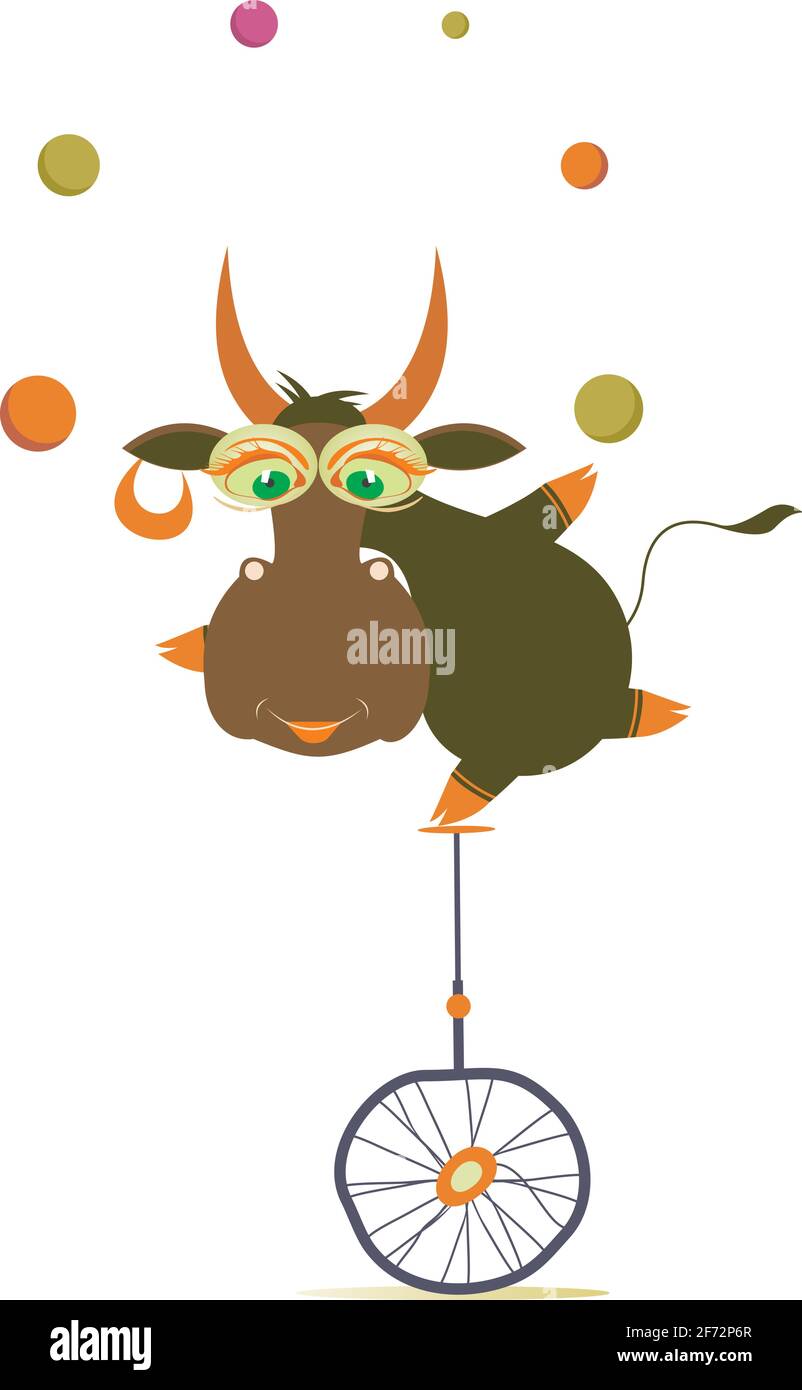 Equilibrist cow rides on the unicycle and juggles the balls ...