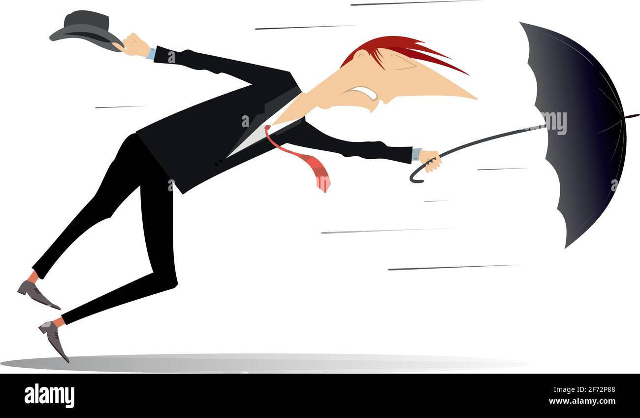 Windy day and man with umbrella illustration. Man with an umbrella and ...