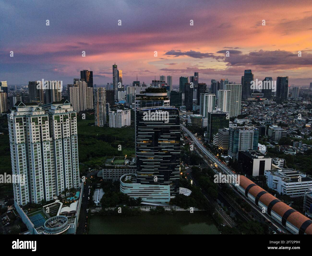 aerial view of Sunset in the skyscrapers of Jakarta. Jakarta, Indonesia ...