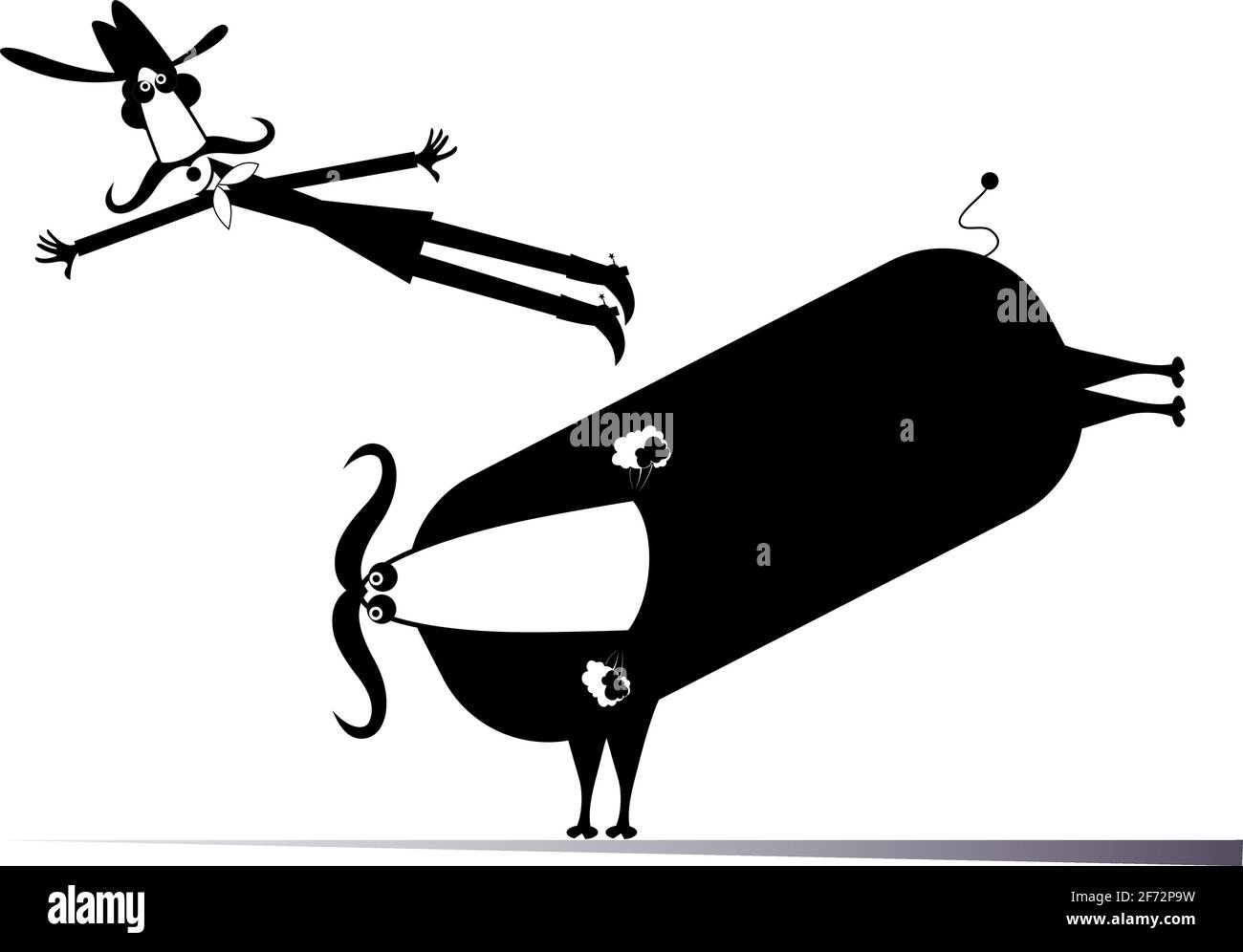 Farmer or cowboy and angry bull illustration. Frightened long mustache ...