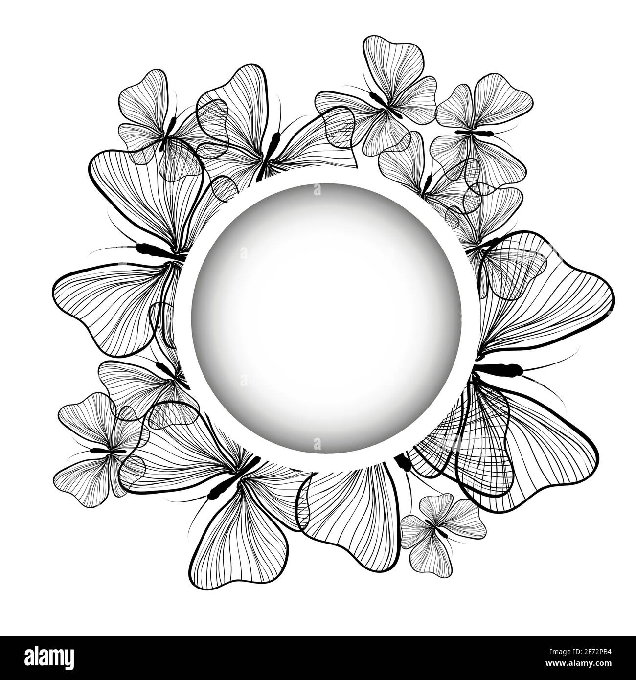 Round frame with monochrome butterflies . Vector illustration Stock ...
