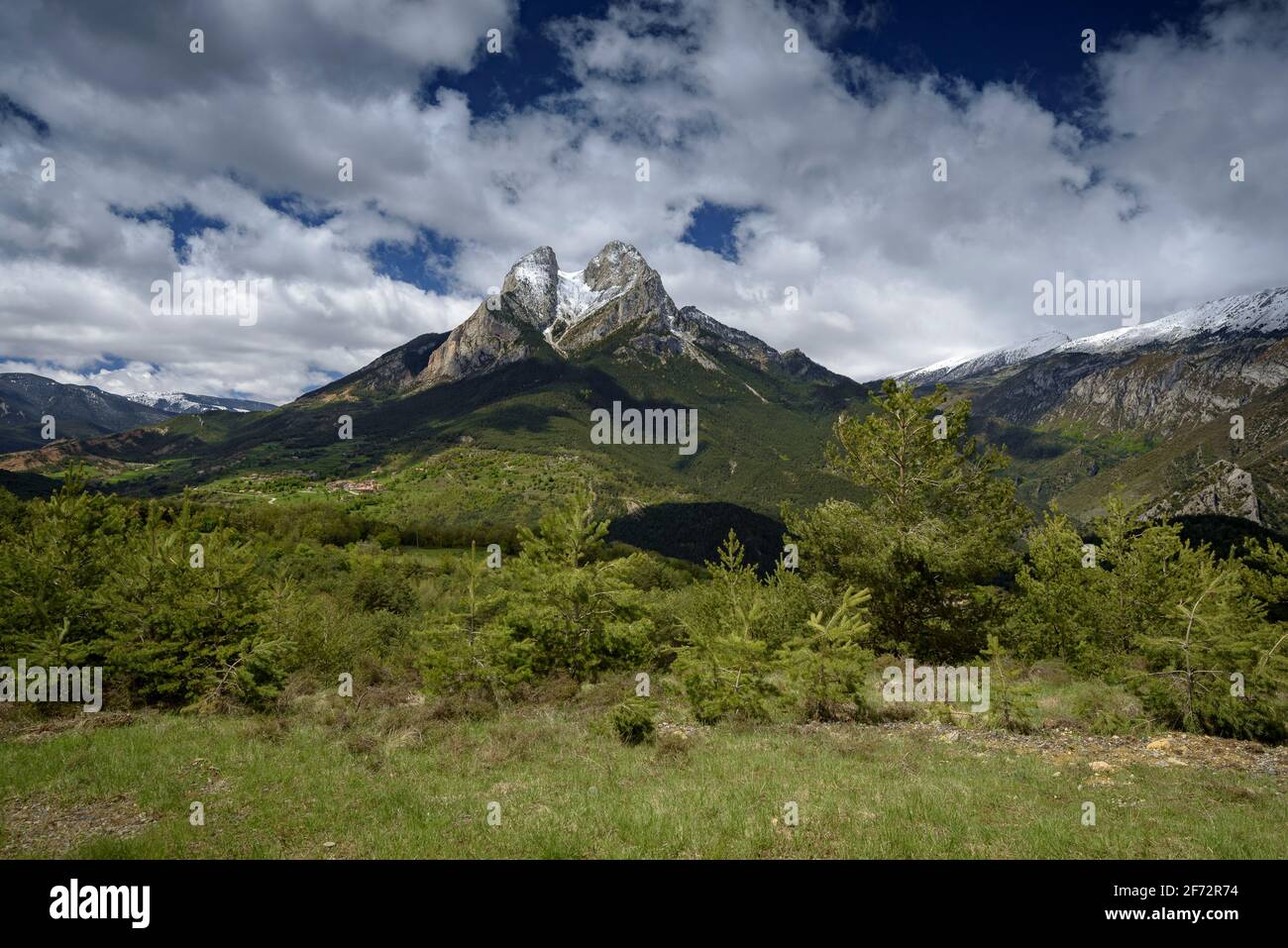 Pedraforca mountain seen from Maçaners, in a cloudy spring morning ...