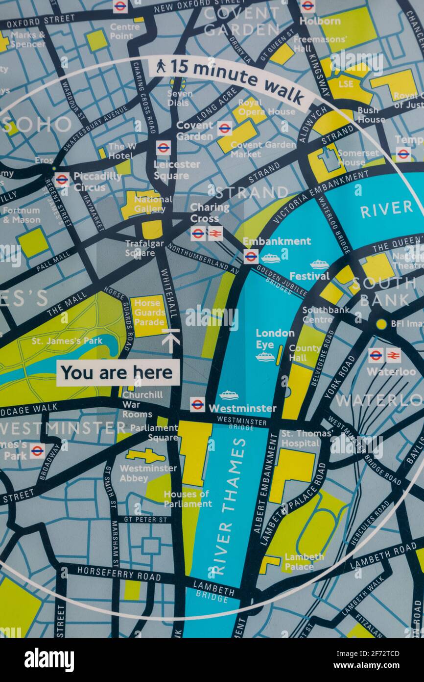 England, London, Westminster, Street Map showing Whitehall and ...
