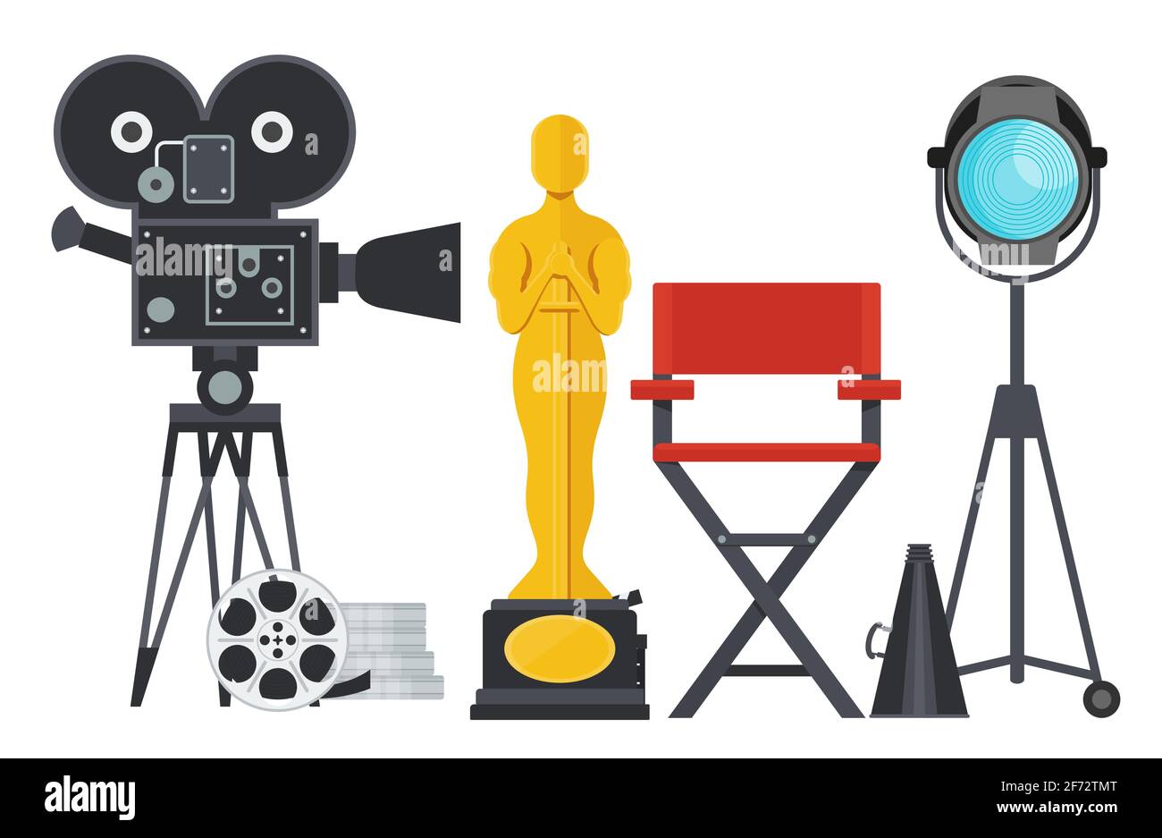 Film directors chair with megaphone, projector, camera and clapboard ...