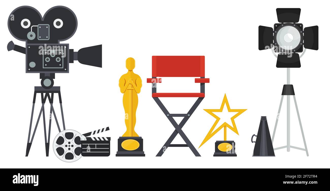 Film directors chair with megaphone, projector, camera and clapboard ...