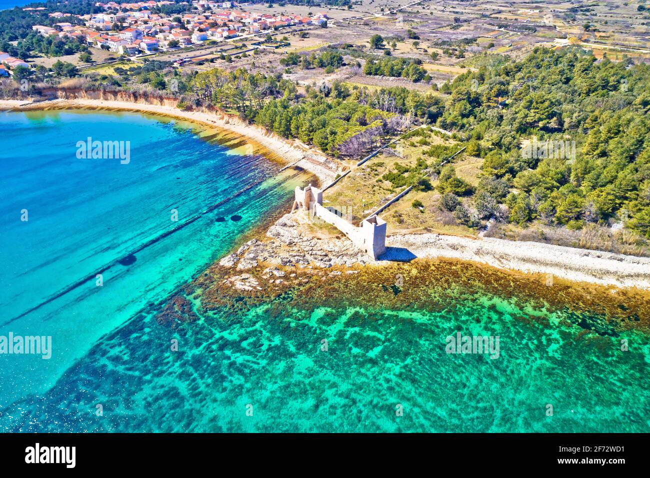 Island of Vir waterfront and fortress ruins aerial view, Dalmatia ...