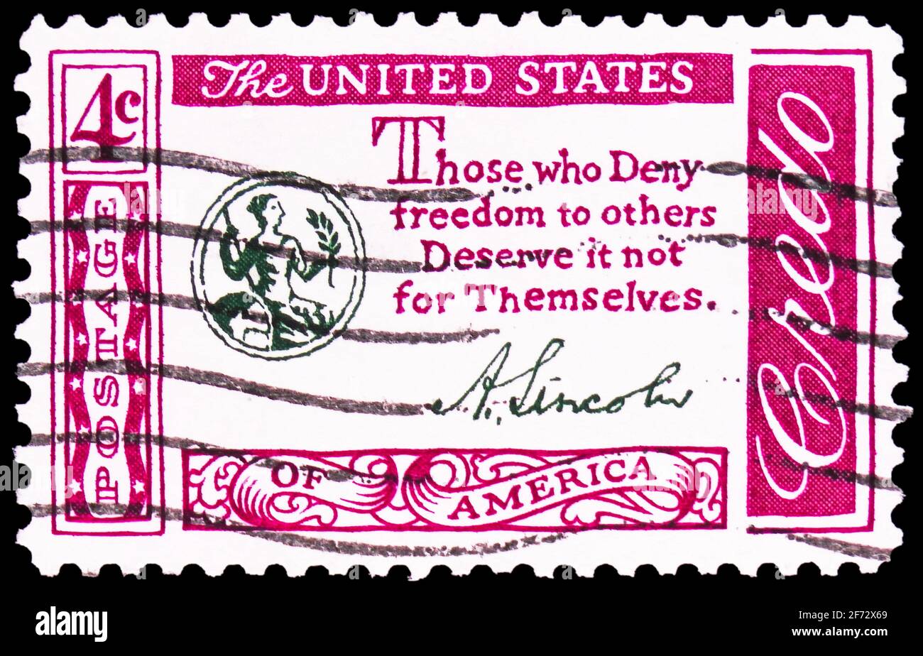 MOSCOW, RUSSIA - JANUARY 12, 2021: Postage stamp printed in United ...