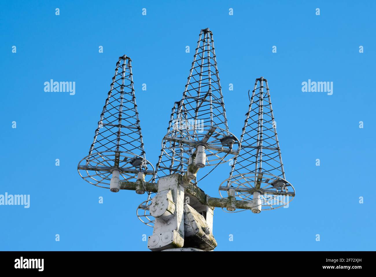 Navigation and radar equipment and antenna on mast of ship. Mast of ...