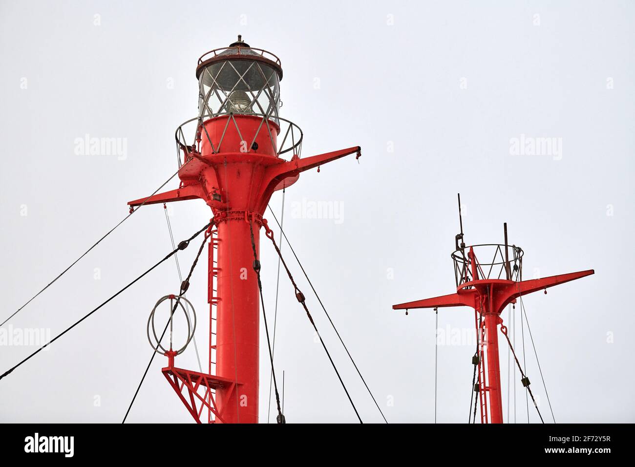 Fragment of mast and signal lamp of floating beacon, close up. Sailing ...