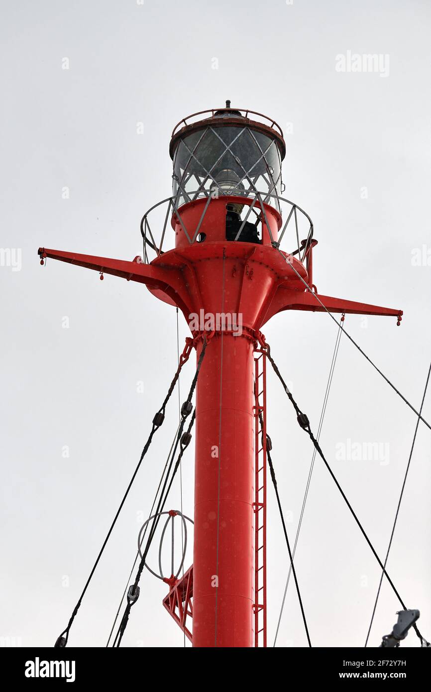 Fragment of mast and signal lamp of floating beacon, close up. Sailing ...