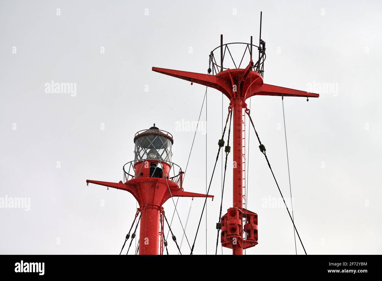 Fragment of mast and signal lamp of floating beacon, close up. Sailing ...