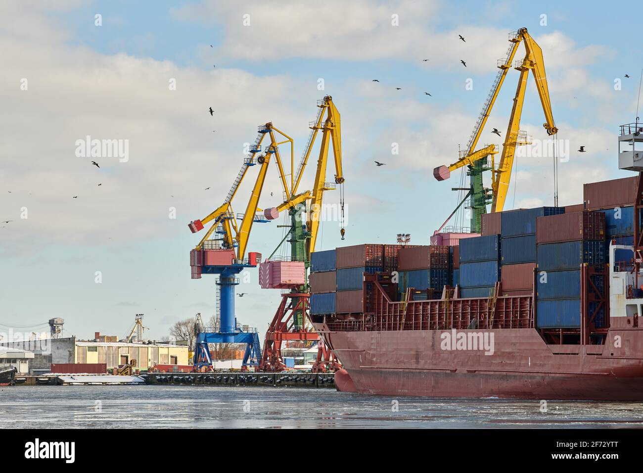 Moored cargo ships and harbor cranes in port. Seaport, cargo container ...