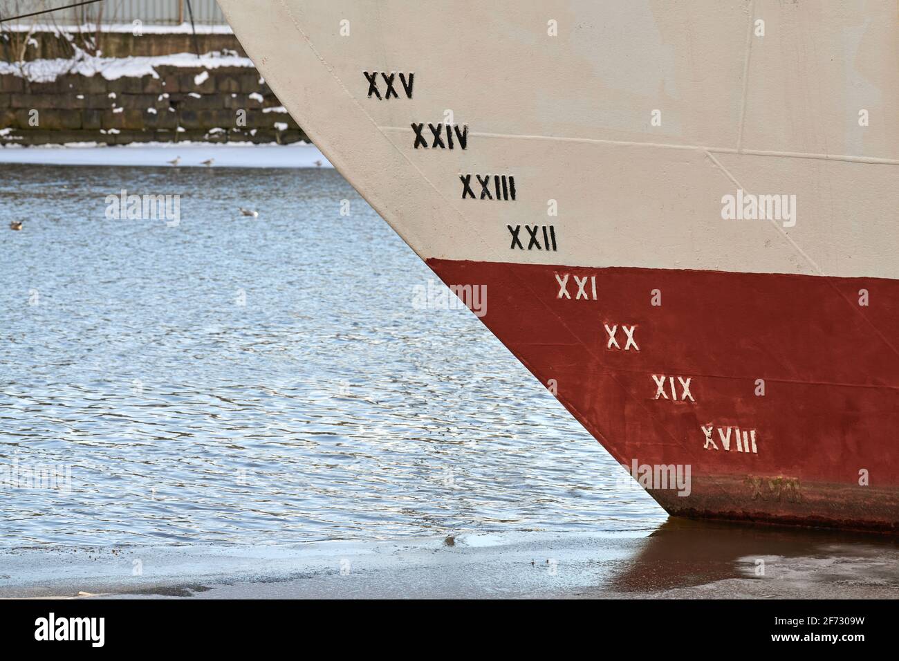 Old ship draft on hull, scale numbering. Distance between waterline and ...