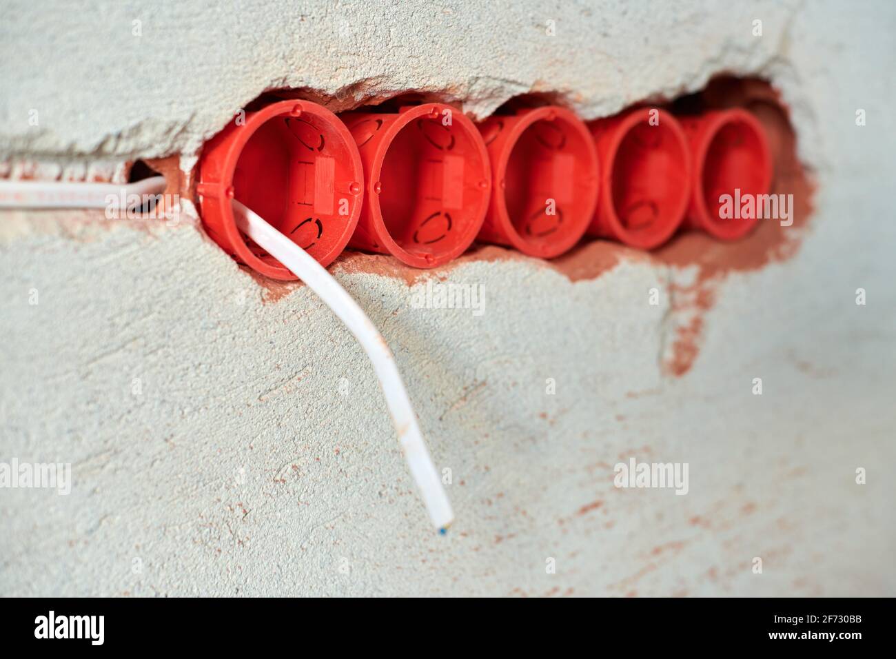 New electrical wiring installation, plastic socket boxes and electrical ...