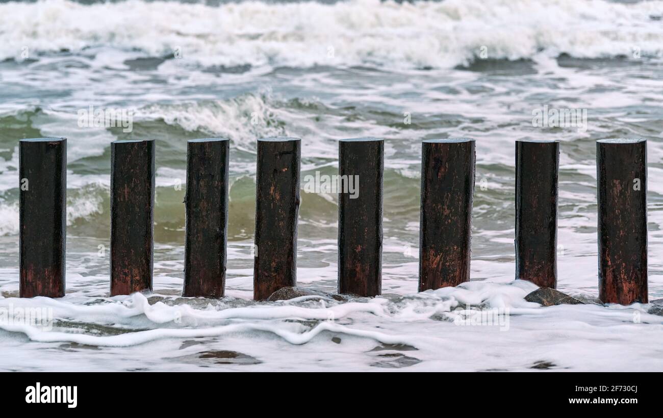 High wooden breakwaters in blue foaming sea waves, close up view. Long ...