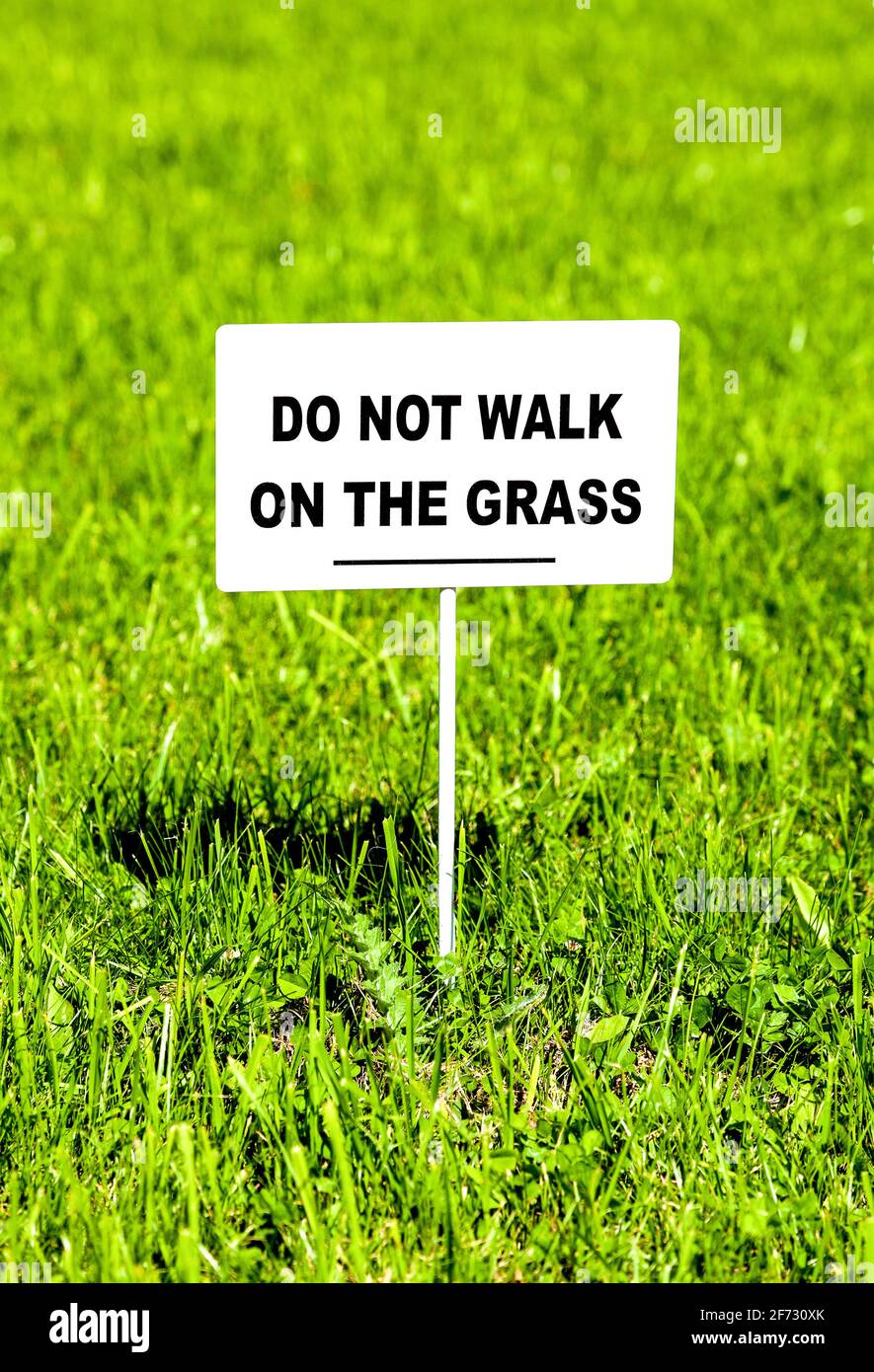 Notice board on the lawn with text "Do not walk on the grass" close up ...