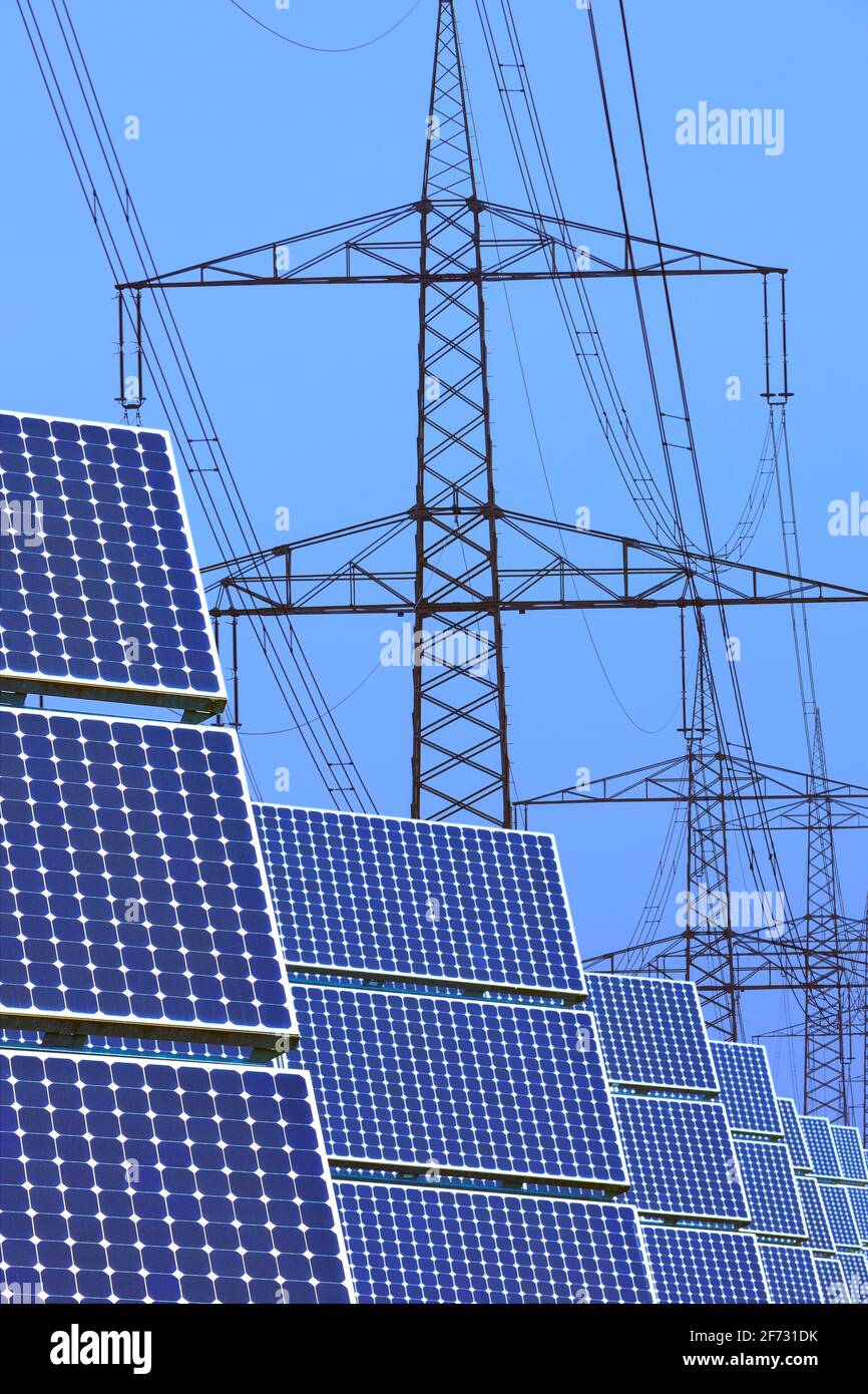 Photovoltaic solar panels, transmission lines, Baden-Wuerttemberg ...