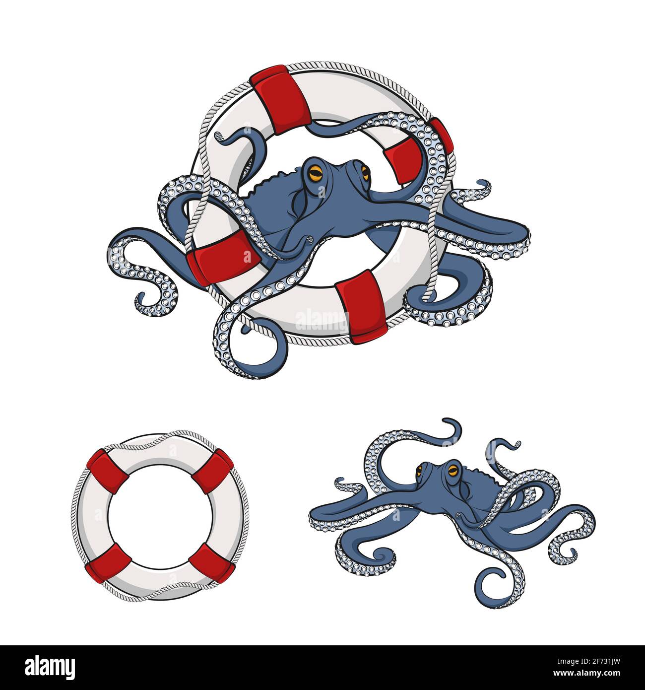 Set of color images of octopus in the lifeline. Isolated vector objects ...