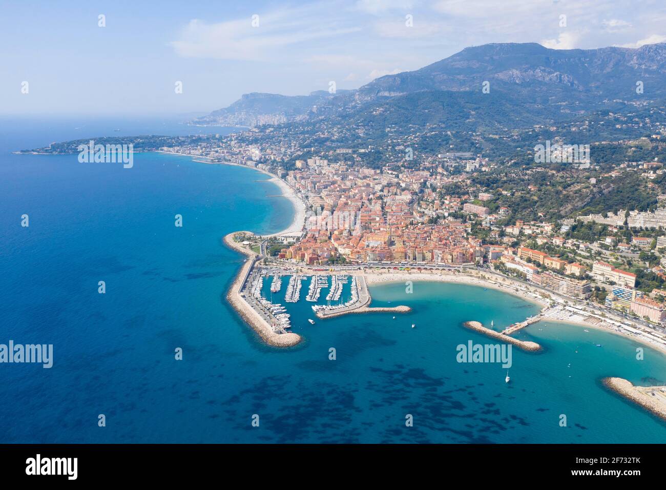 Aerial view Menton, old town, old port vieux port and beach Plage des ...