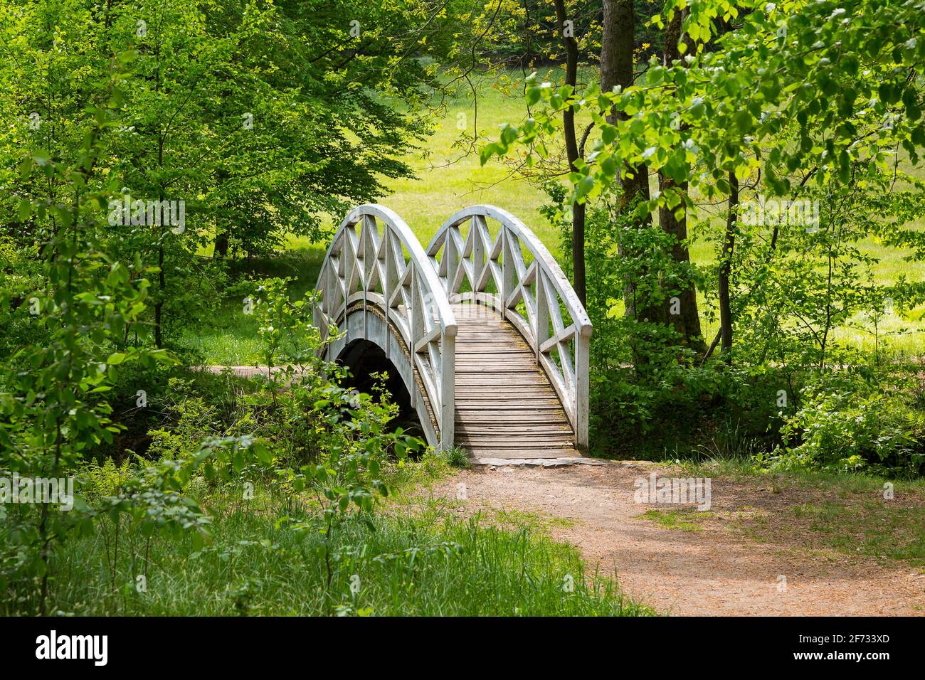 White arch bridge over the river Grosse Roeder, Seifersdorfer Tal ...