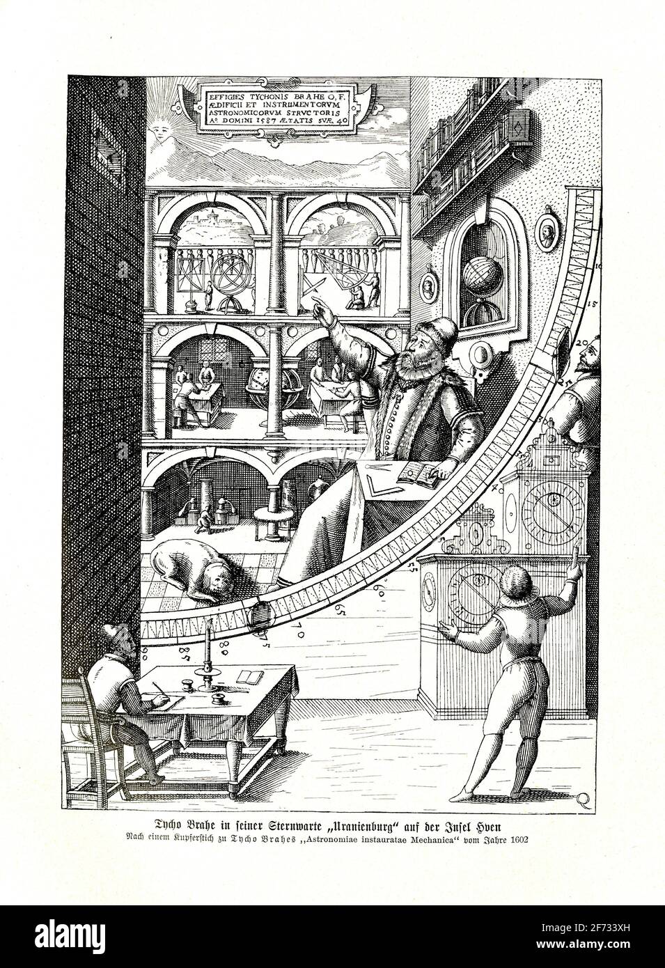 Tycho Brahe in his observatory Uranienburg on the island Ven, After an ...