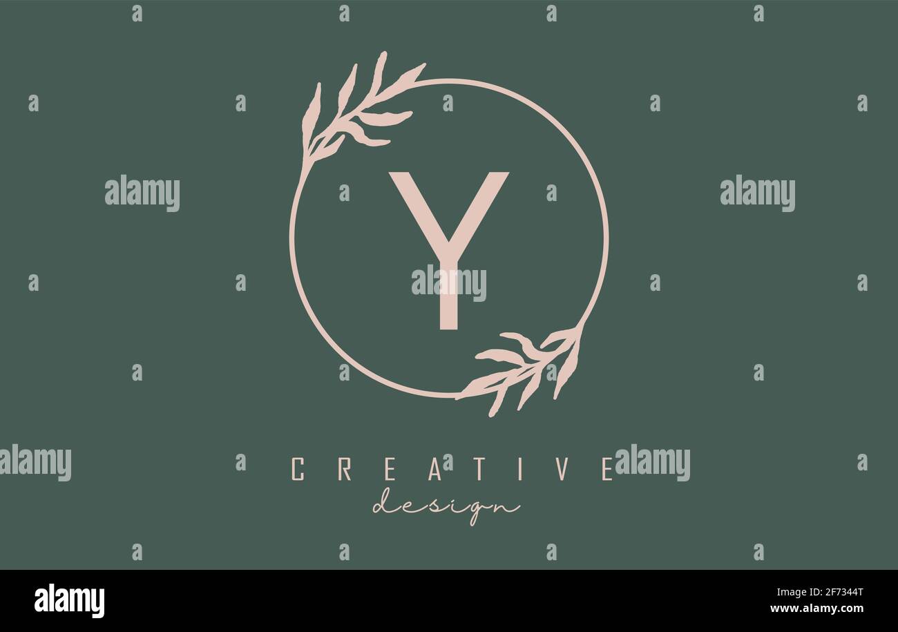 Letter Y Logo with circle frame and pastel leaves design. Rounded ...