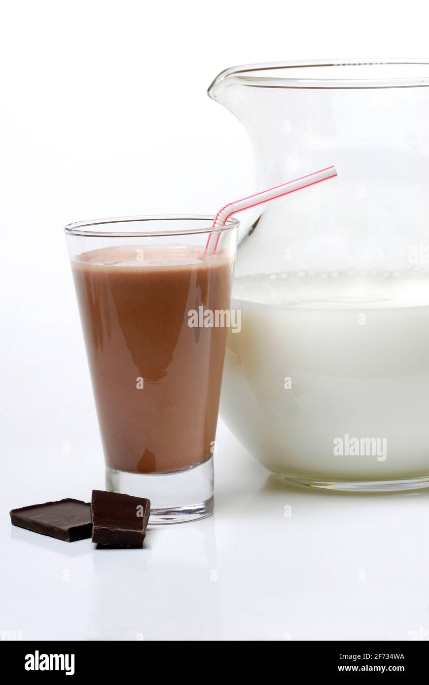 Cocoa, glass of drinking chocolate with straw, jug of milk, cocoa drink ...