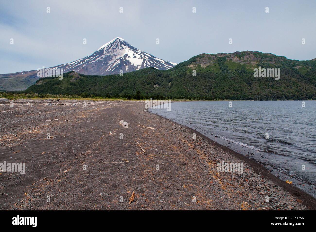 view towards Lanin volcano from Tromen lake, andes mountains of ...