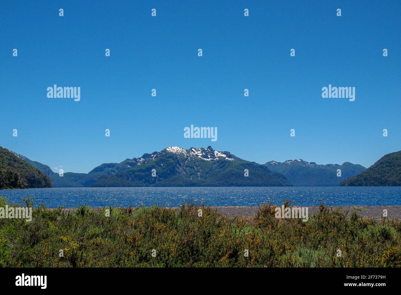 view of lago Tromen lake at Lanin national park against andes mountains ...
