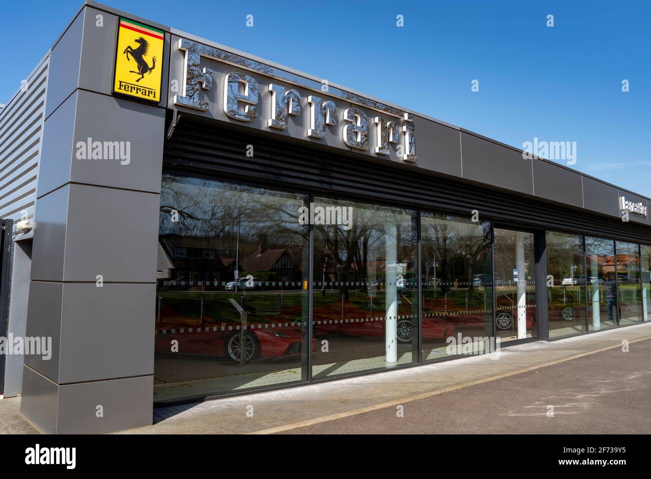 Ferrari dealership in Colchester, Essex, UK. Logo and brand name on ...