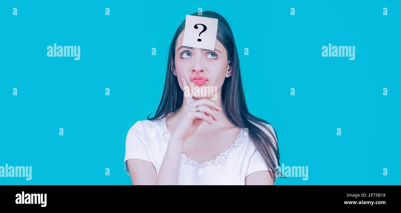 Thinking woman with question mark. Doubtful girl asking questions to ...