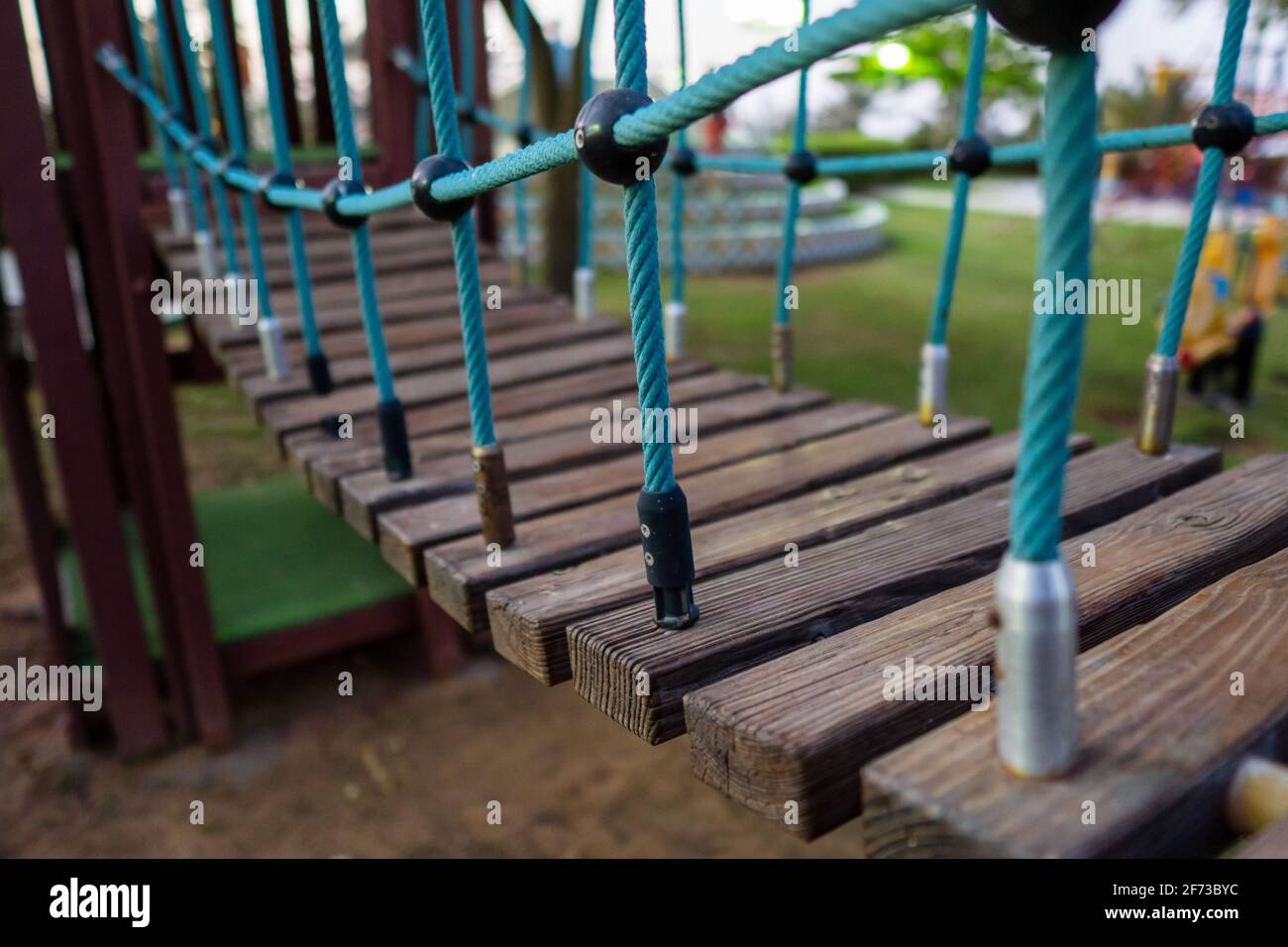 Wood Playground bridge for kids close up for outdoor fun activities or ...