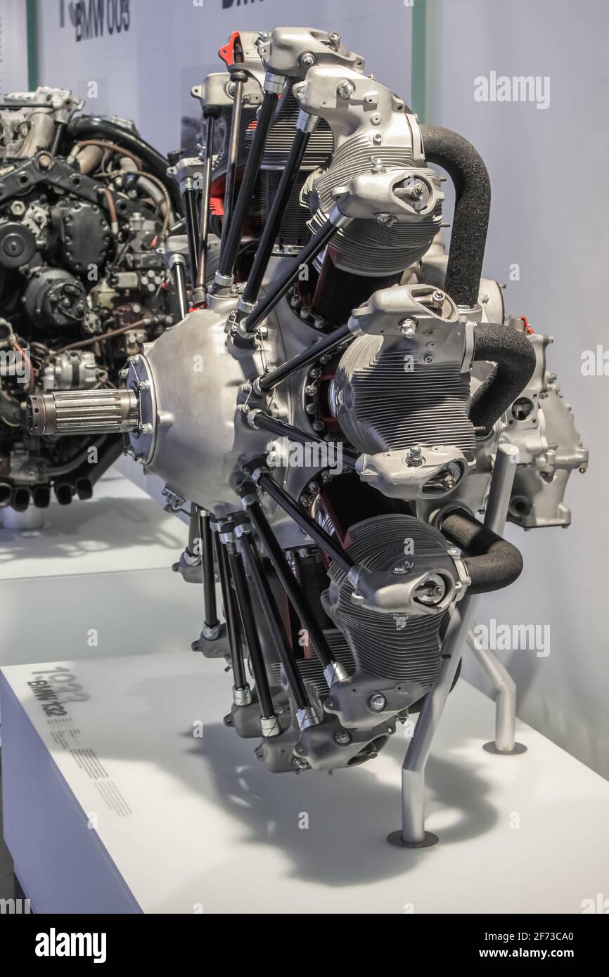 Germany, Munich - April 27, 2011: BMW 132 engine in the exhibition hall ...