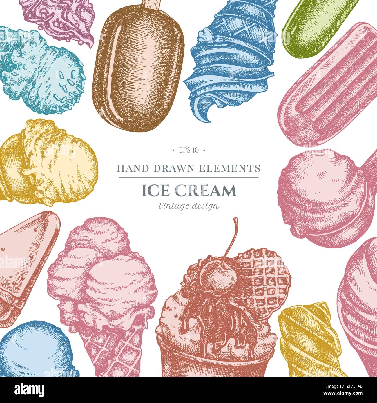 Design with pastel colored ice cream bowls, ice cream bucket, popsicle ...