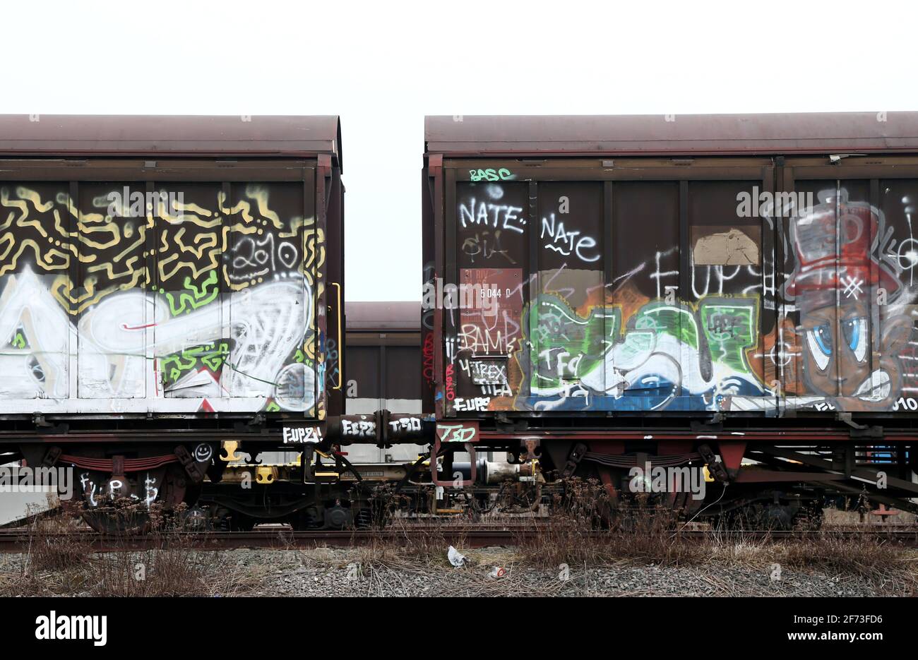 Graffiti on railway wagons at a railway yard in Norrköping Stock Photo ...