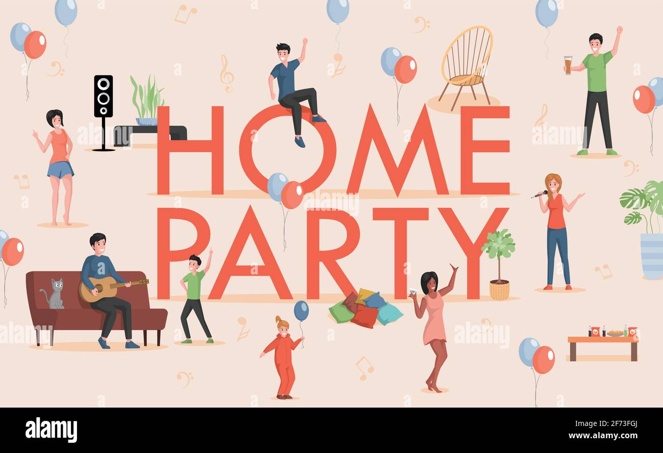 Home party word vector flat banner design. Happy smiling people ...