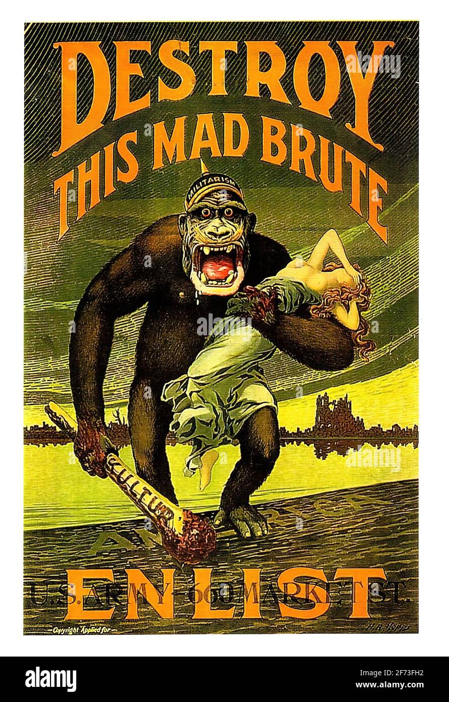 A vintage american WW2 recruitment poster saying Destroy This Mad Brute ...
