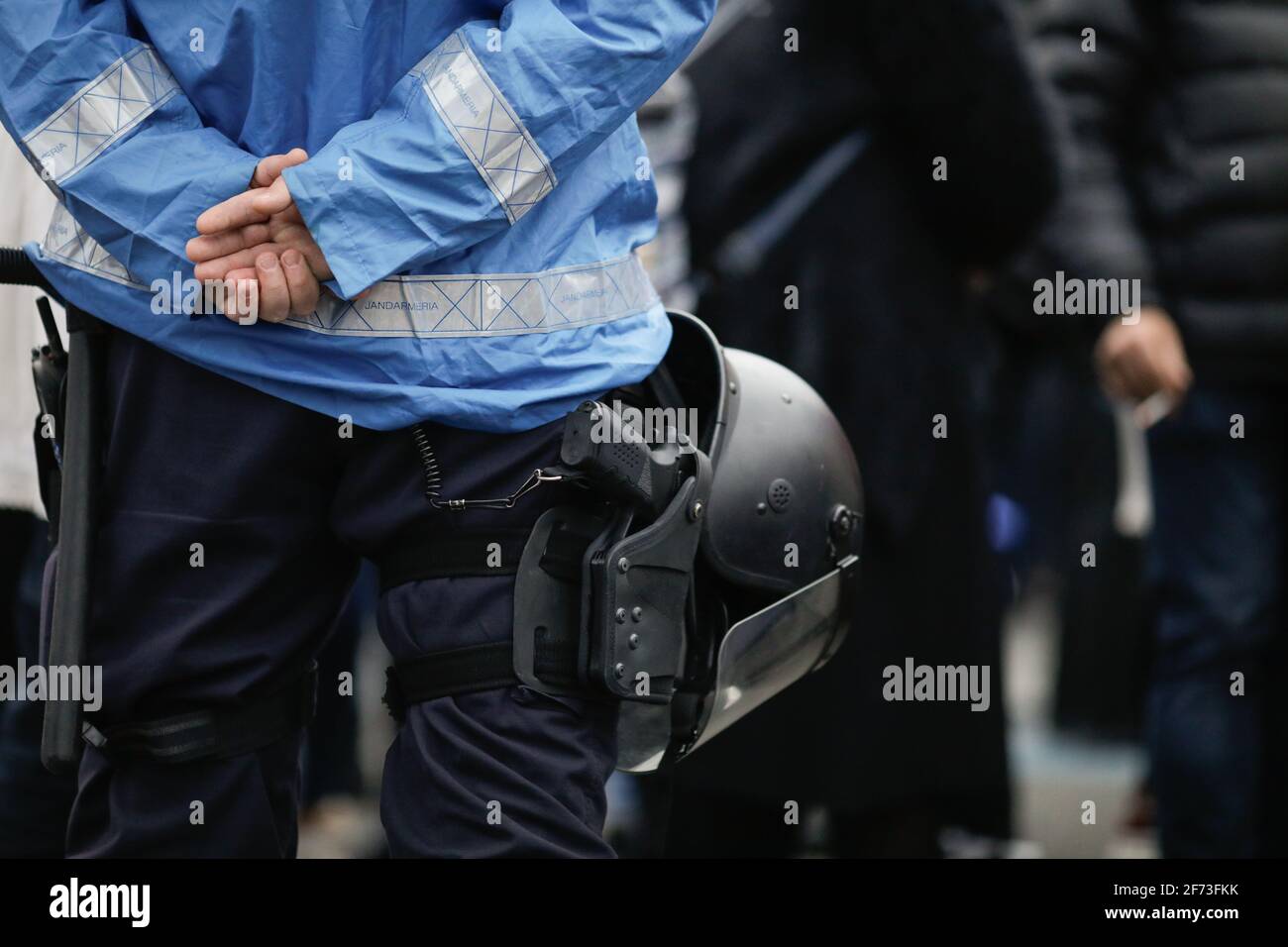 Bucharest, Romania - April 3, 2021: Details with the riot kit of a ...