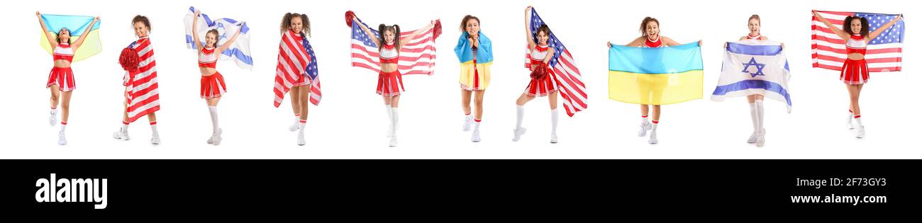 Collage of emotional cheerleaders with different flags on white ...