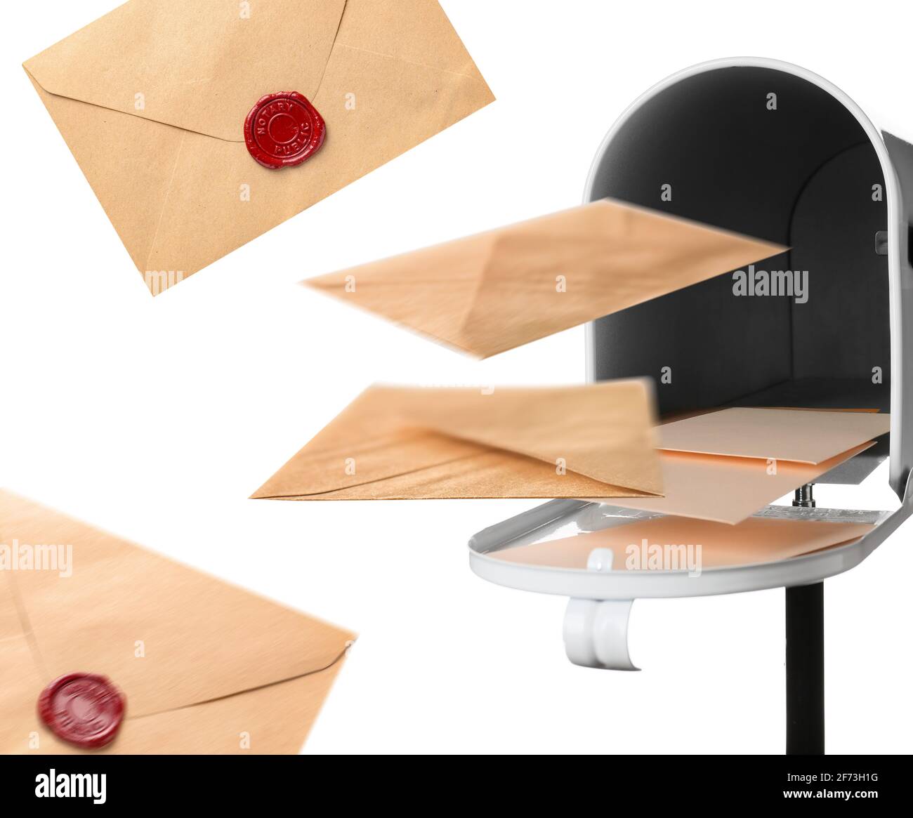 Mail box with flying letters on white background Stock Photo - Alamy