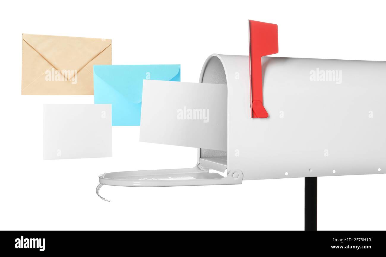 Mail box with flying letters on white background Stock Photo - Alamy