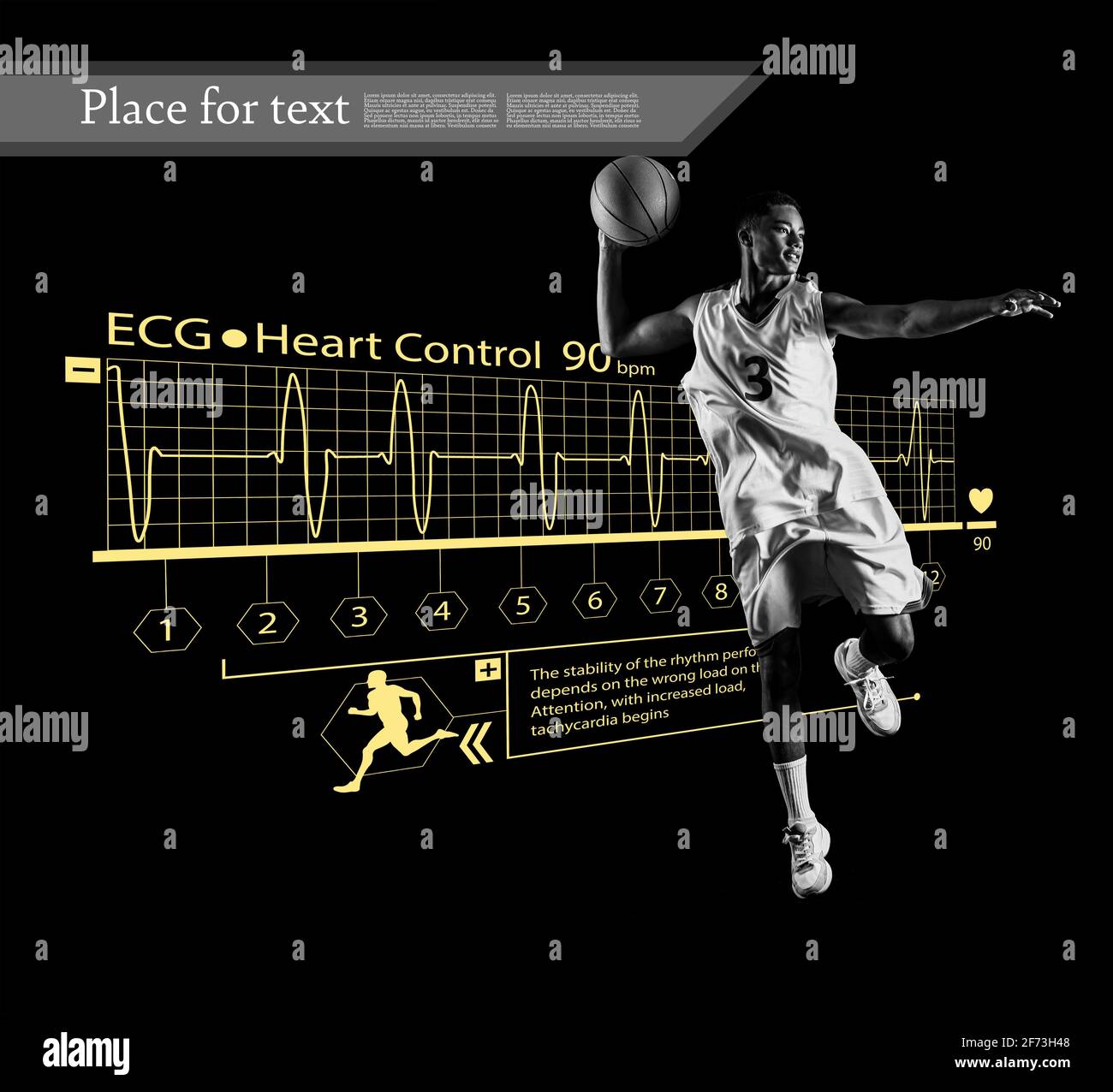 Virtual screen of heart rate monitor and young jumping African-American ...