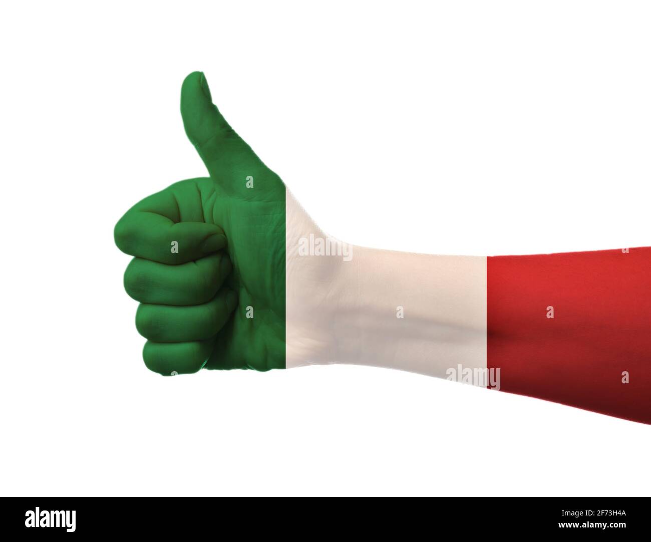 Hand in colors of Italian flag showing thumb-up on white background ...