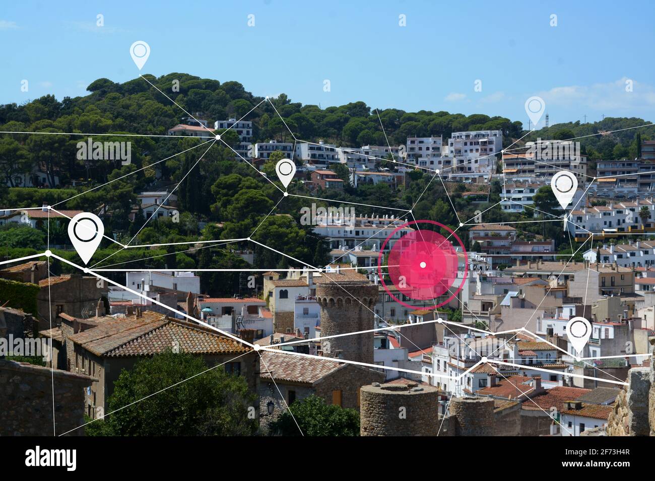 View of modern city with location pointers Stock Photo - Alamy