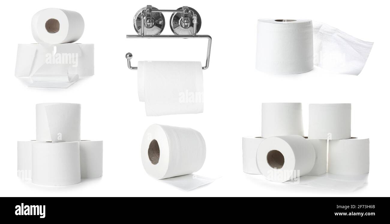 Set of toilet paper on white background Stock Photo - Alamy