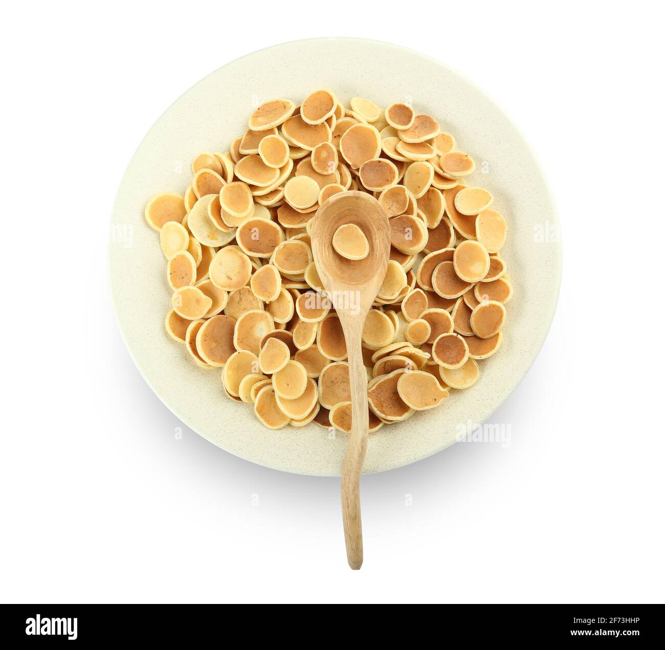Plate with tasty mini pancakes on white background Stock Photo - Alamy