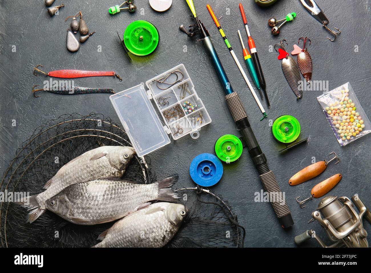 Different fishing equipment and fish on dark background Stock Photo - Alamy