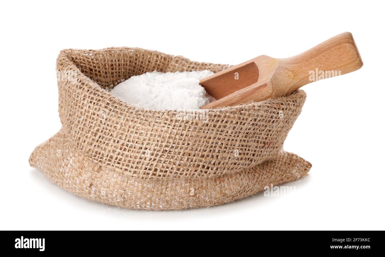Sack of salt on white background Stock Photo - Alamy