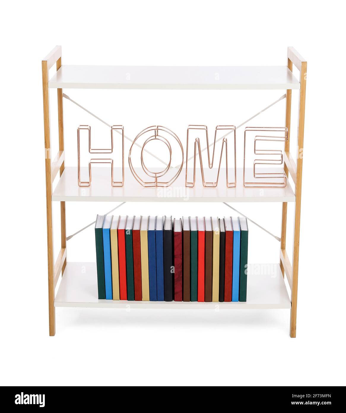 Modern shelf unit with books and word HOME on white background Stock ...